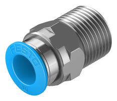 153008 FESTO, Pneumatic Fitting, Push-In Straight Connector, R3/8, 14 bar, 10 mm, Brass, QS ...